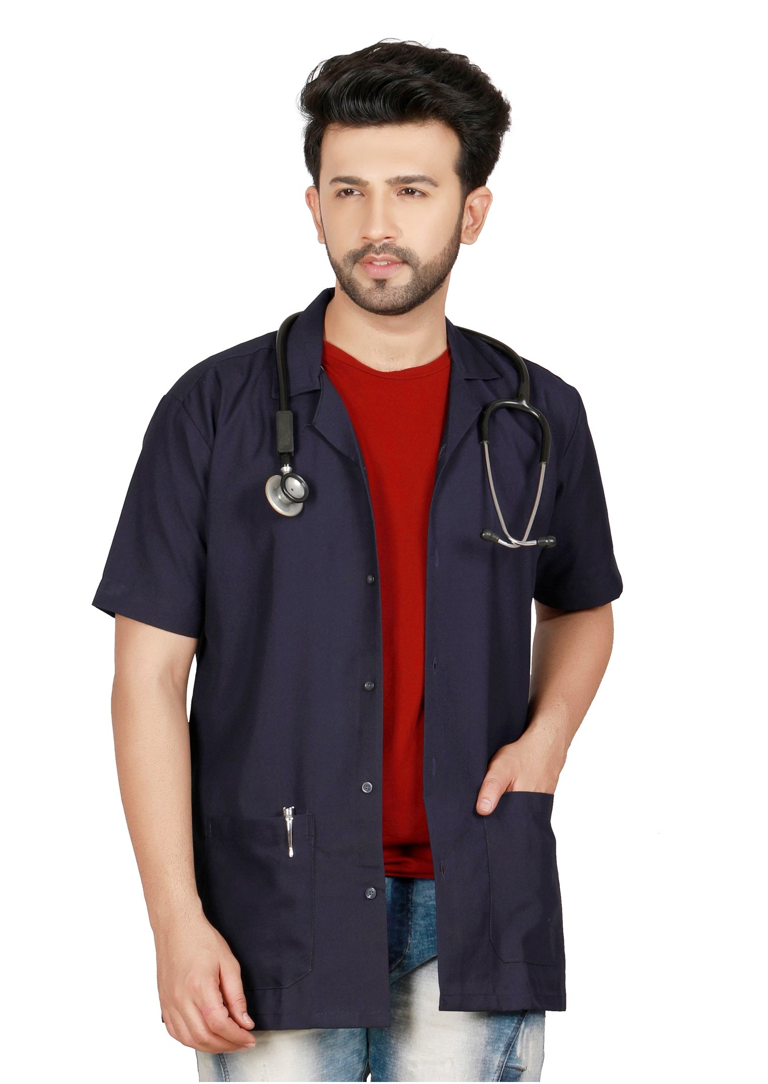 Cotton Unisex Apron Lab Coat - Regular Length - Half Sleeves - Navy Bl ...